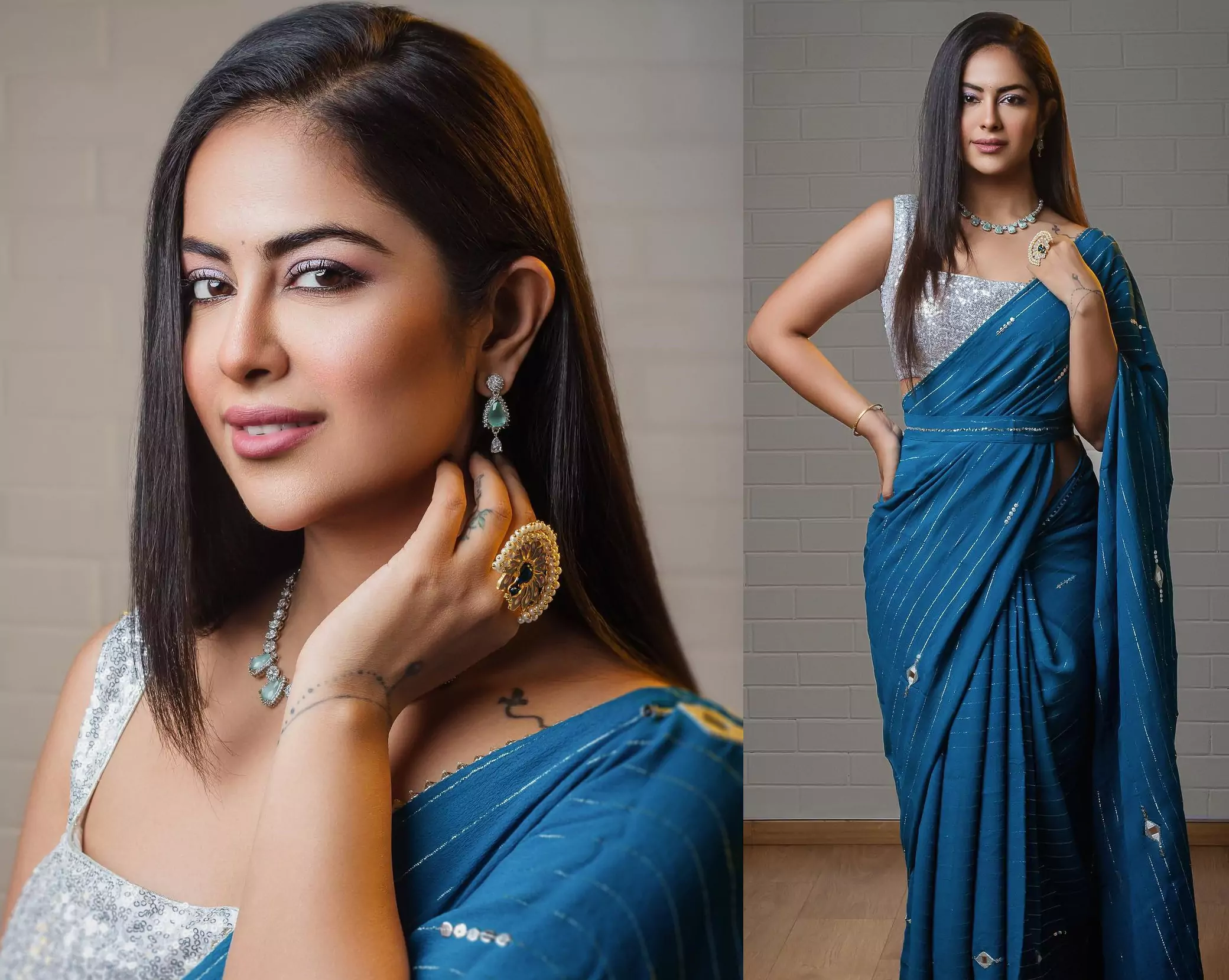 stylish-semi-sequence-white-blouse-on-blue-saree-avika-gor