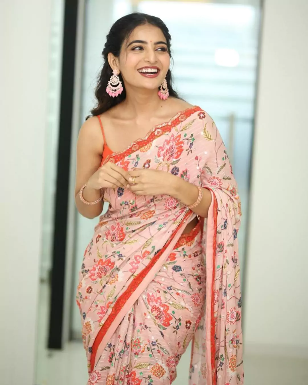 Elegant Looks of Ananya Nagalla in Georgette Pink Floral Saree....
